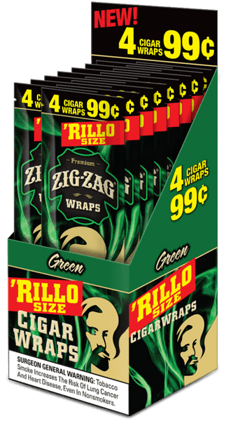 Zig Zag Green Rillo Size Blunt Wraps: 15 Packs of 4 | BnB Tobacco